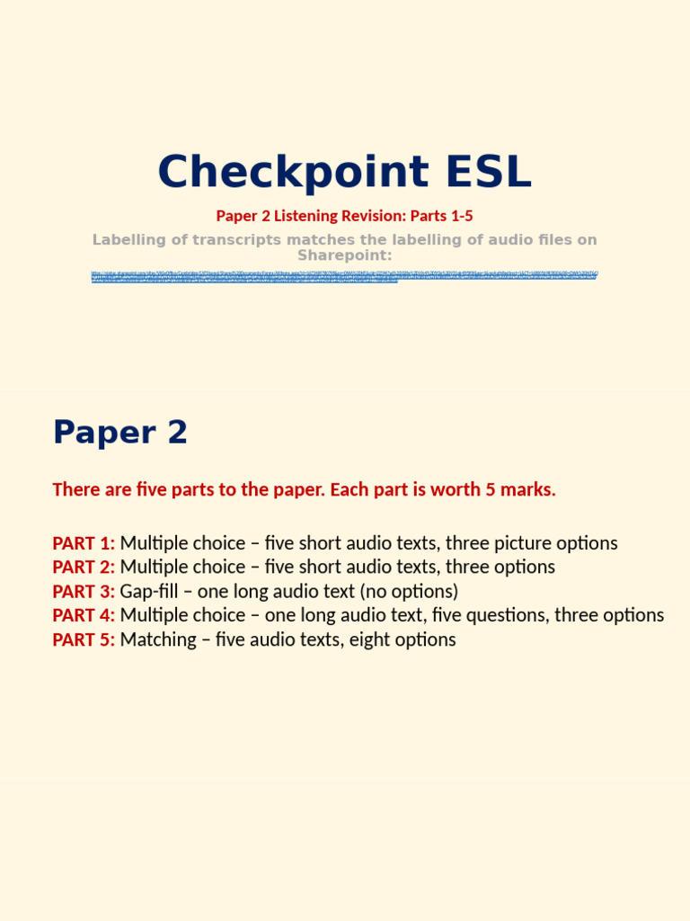 Checkpoint ESL Listening Parts 1 - 5 Updated | PDF | Multiple Choice ...