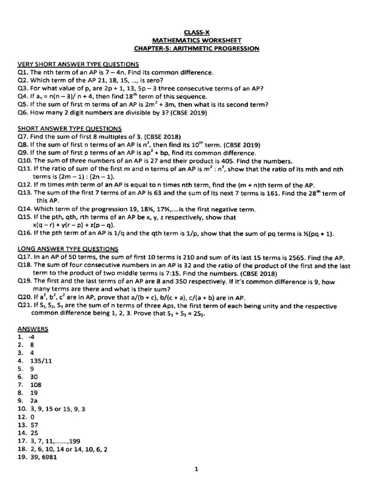 Class 10 Arithmetic Progression Worksheet | PDF | Elementary Mathematics | Numbers