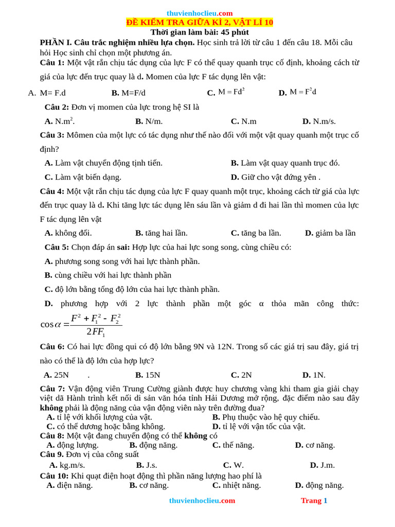 De Kiem Tra Giua HK2 Vat Li 10 Nam 24 25 | PDF