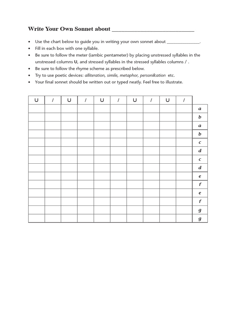 Creative Writing - A Sonnet Worksheet | PDF