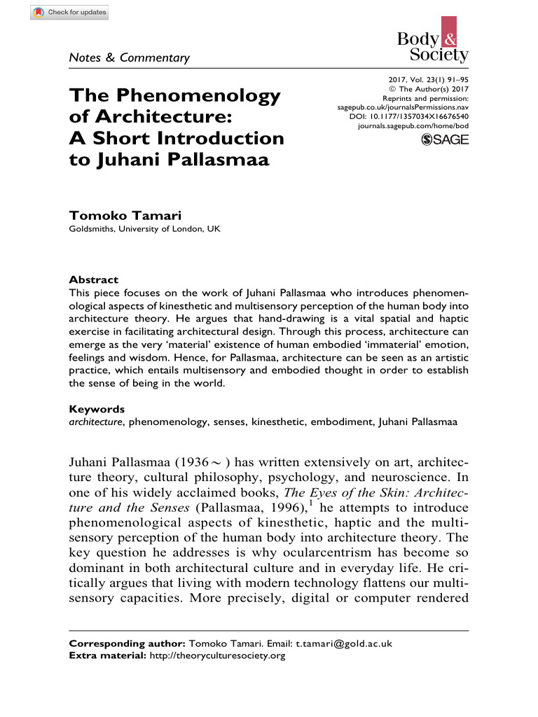 Tamari T - The Phenomenology of Architecture A Short Introduction To Juhani Pallasmaa | PDF ...