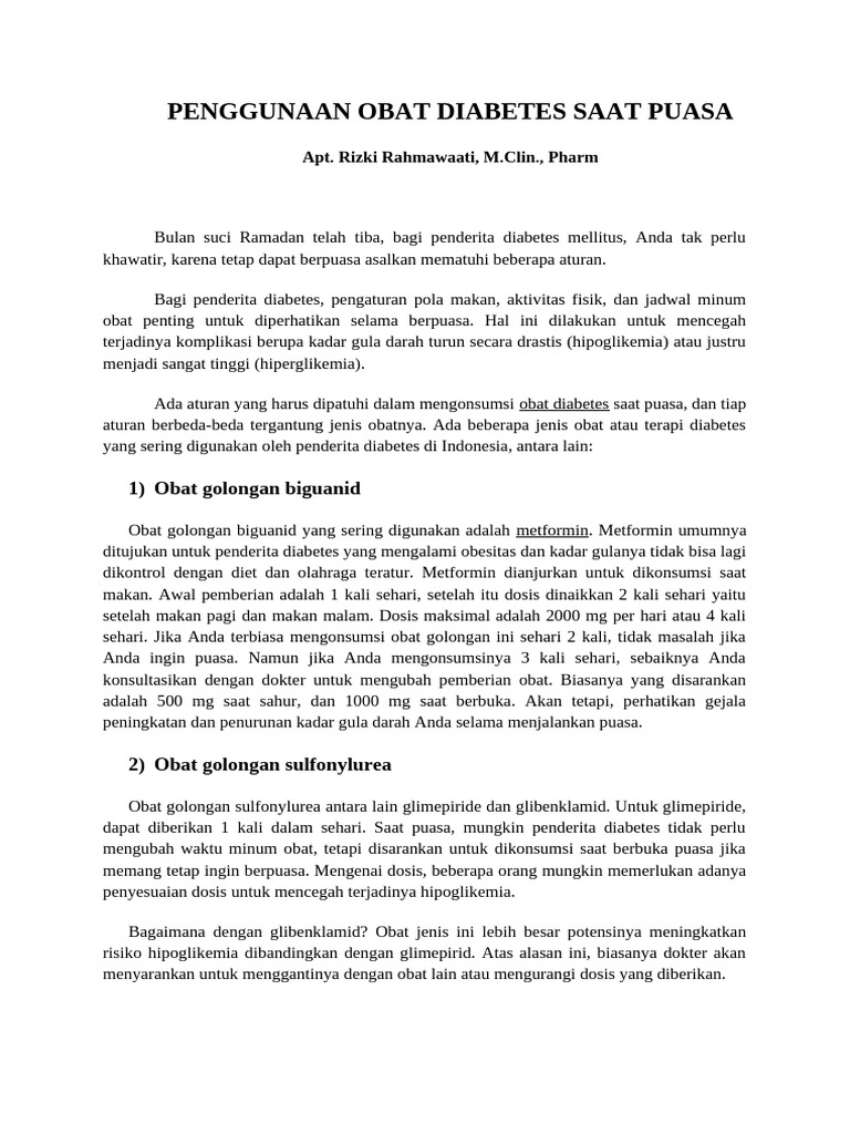 Panduan Obat Diabetes Saat Puasa | PDF