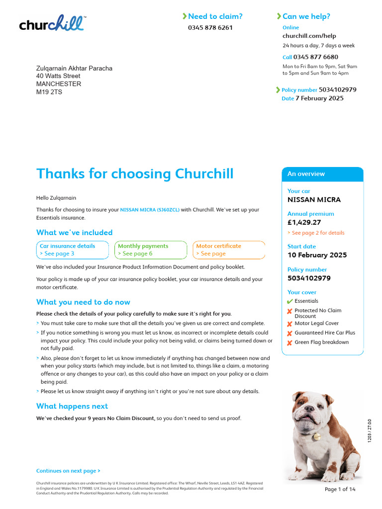 Churchill Motor Policy Details | PDF | Credit | Finance & Money Management