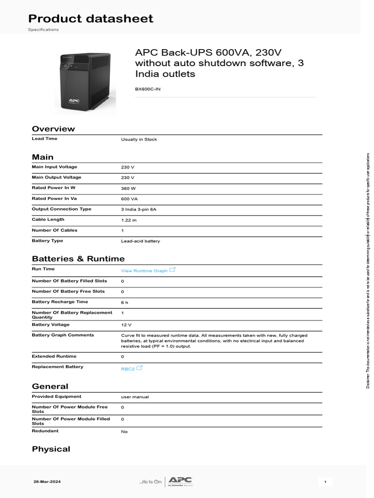 APC - BackUPS Battery Backup - BX600C IN | PDF | Mains Electricity ...
