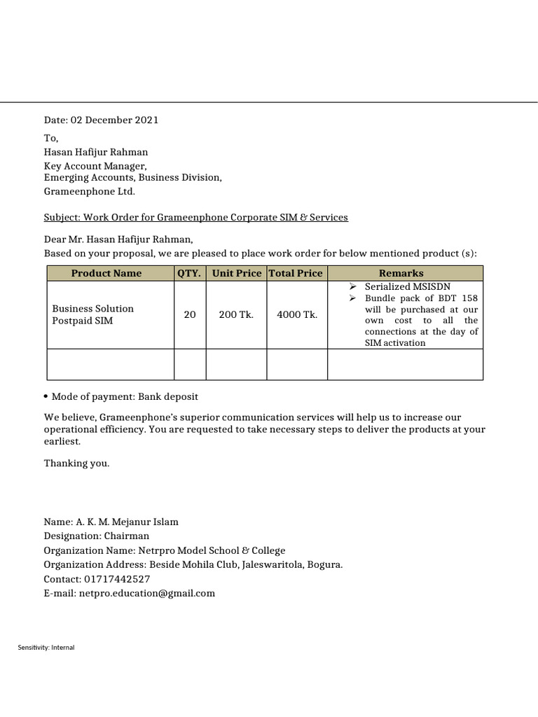 Work Order for Grameenphone SIM Services | PDF