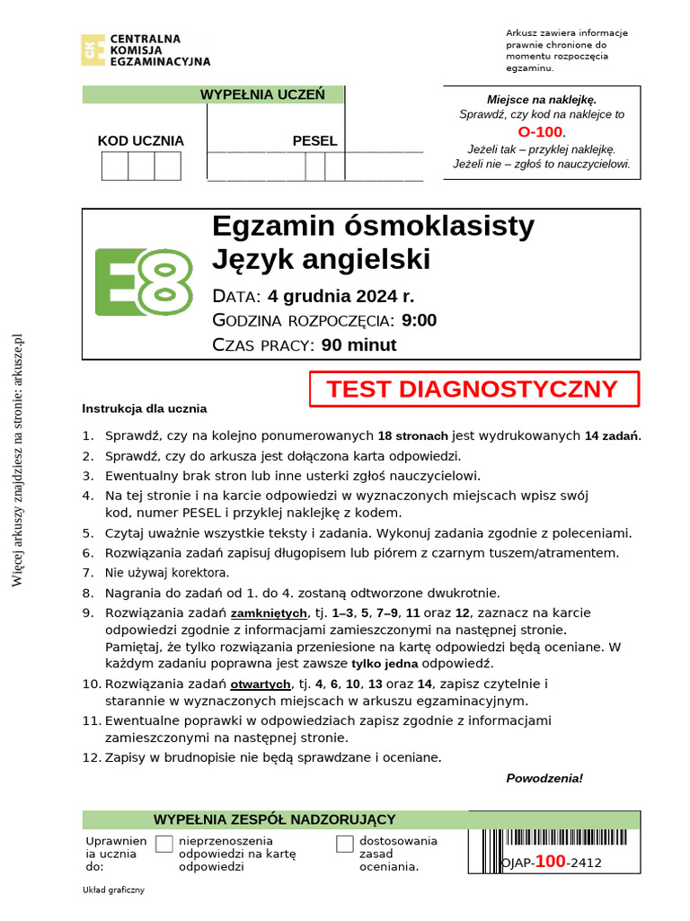 Jezyk Angielski 2024 Grudzien Egzamin Osmoklasisty Probny | PDF