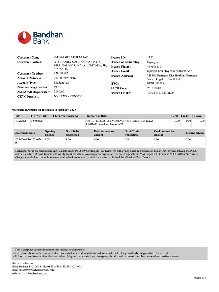 Bandhan Bank Account Statement - 320051582 - 2025-02-01 - 2025-02-28 ...