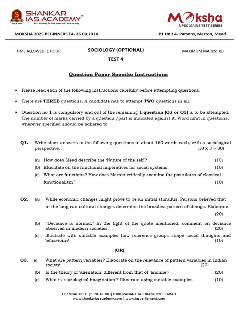 Sociology Test Paper for Beginners 2025 | PDF | Sociology | Deviance ...