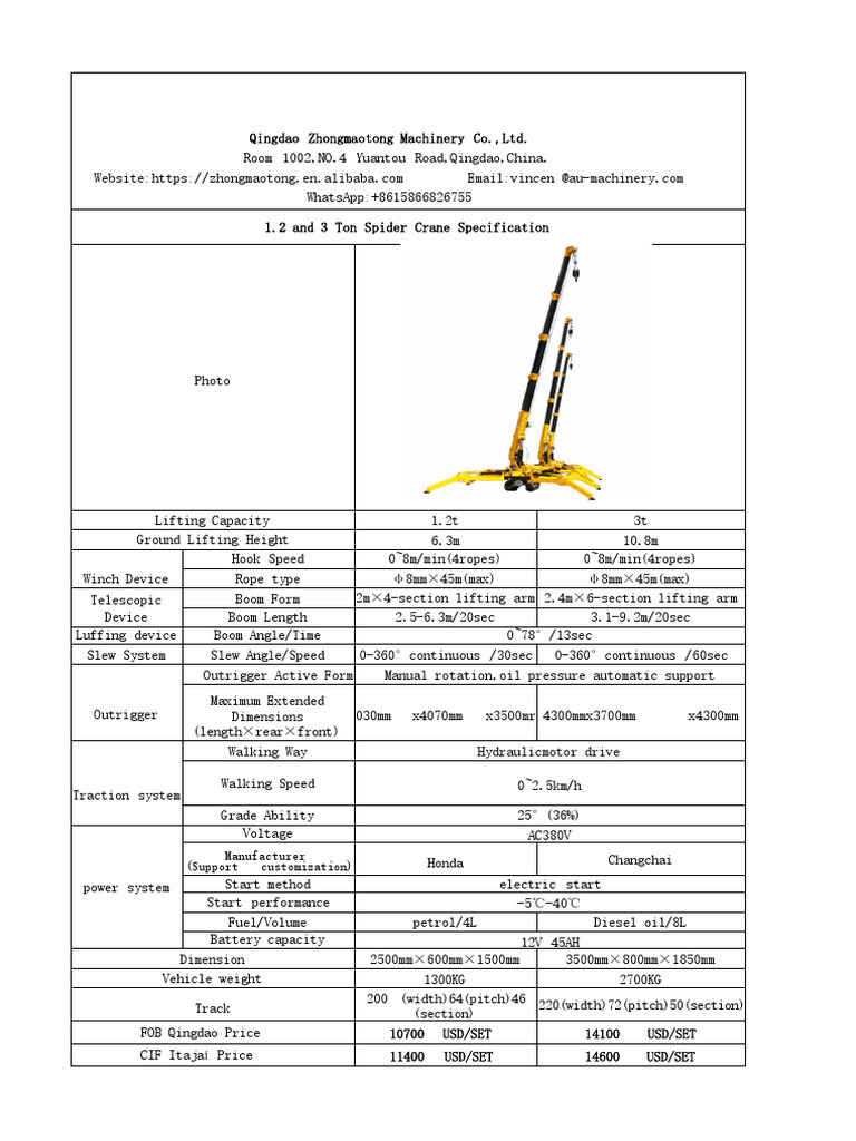 ZMT1 Spider Crane Specifications and Pricing | PDF | Crane (Machine ...