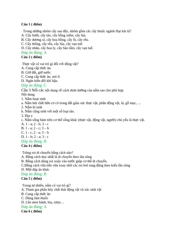 đề cương sinh học 6 GK2 | PDF