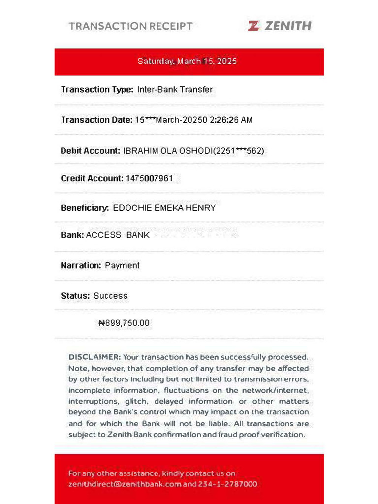 Zenith: Transaction Receipt | PDF