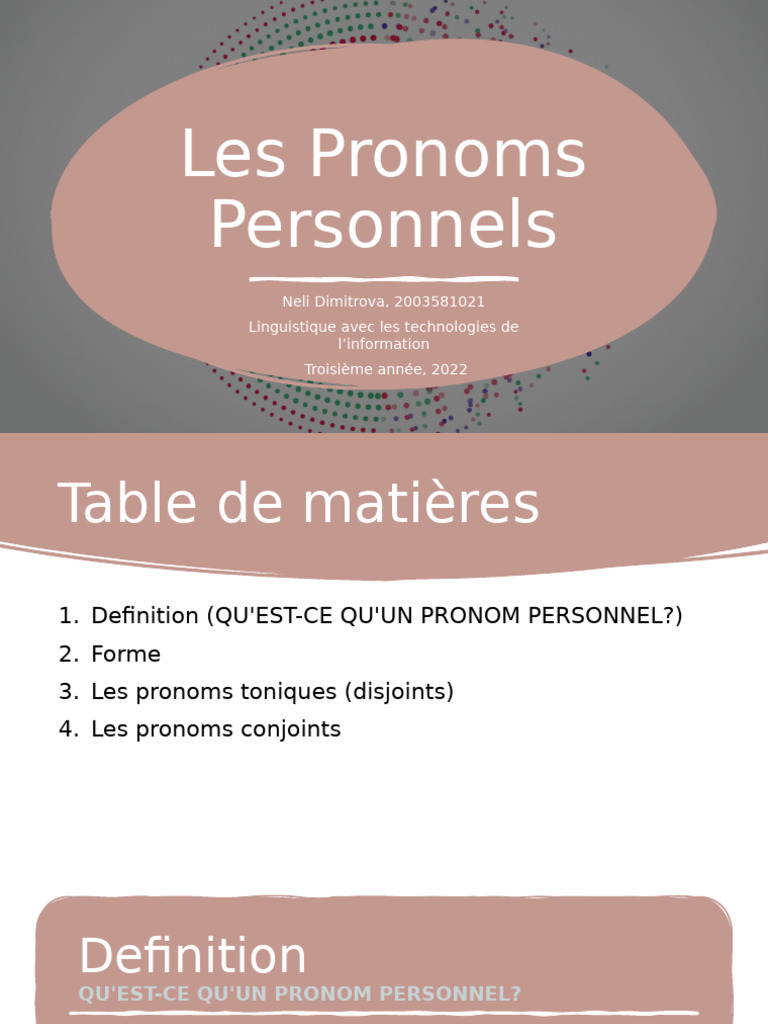 Définition des pronoms personnels | PDF | Pronom | Relations syntaxiques