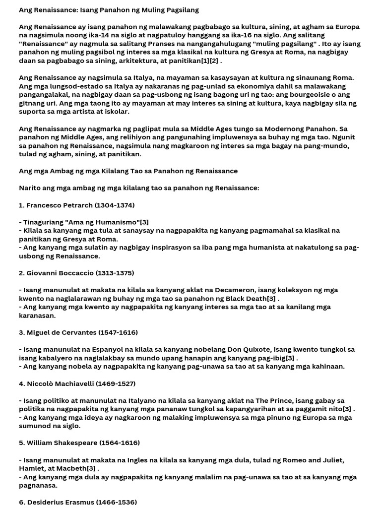 Ang Renaissance Isang Panahon NG Muling Pagsilang Ang Renaissance Ay Isang Panahon NG Malawakang ...