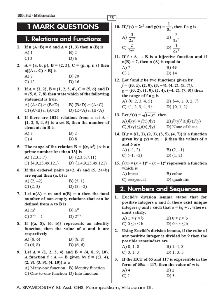 10th Maths Book Back 1 Mark Questions English Medium PDF Download | PDF ...