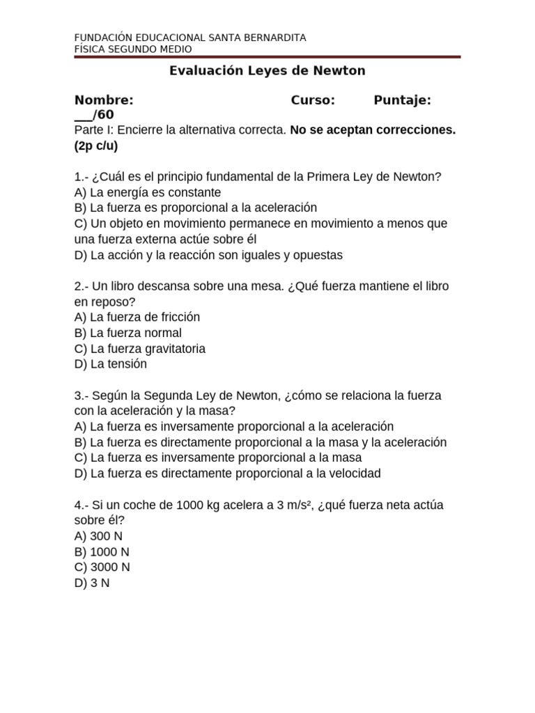 Evaluación Leyes de Newton 2B | PDF | Fuerza | Las leyes del movimiento ...