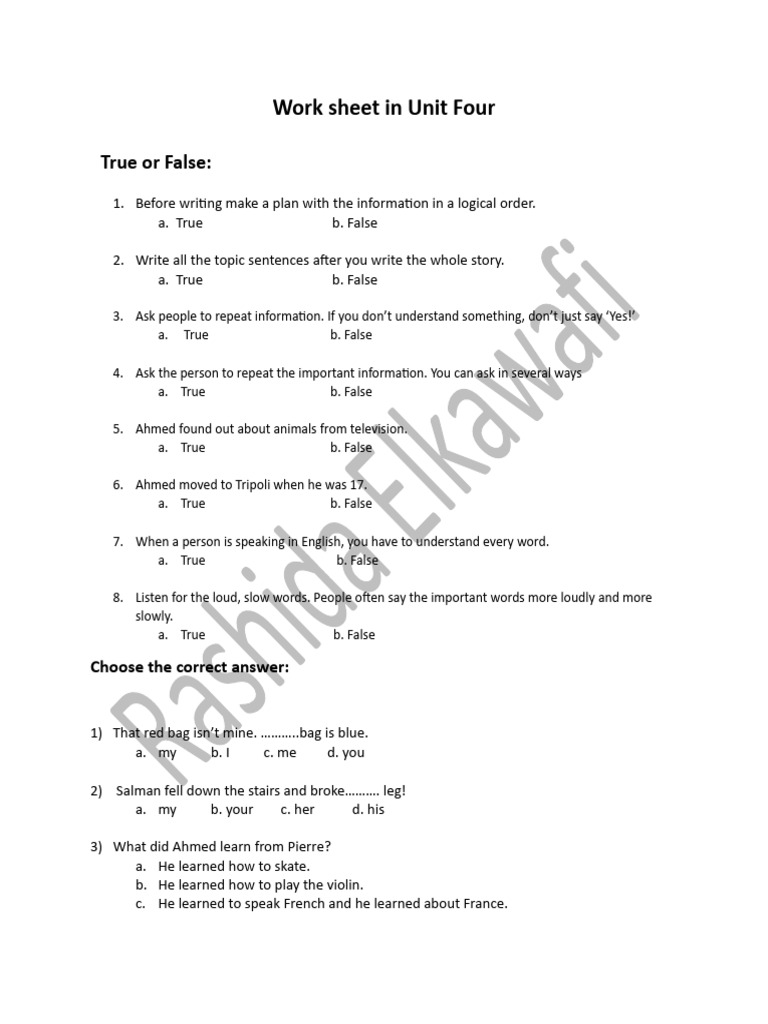 Work Sheet in Unit Four | PDF