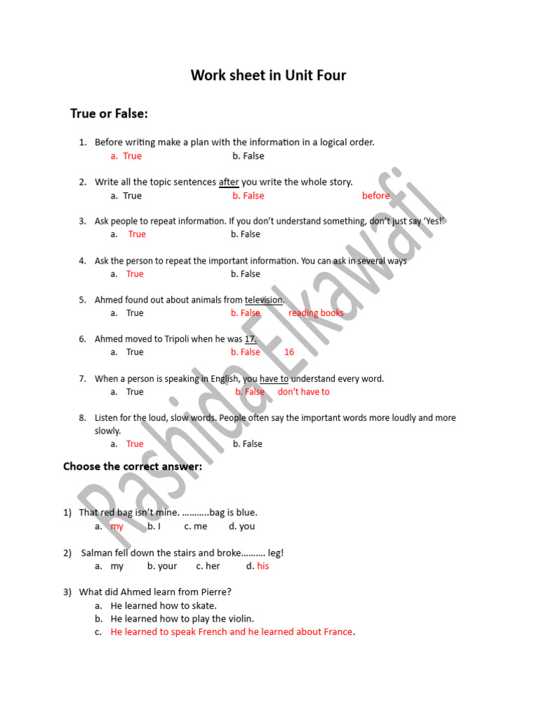 Unit Four Writing and Listening Worksheet | PDF