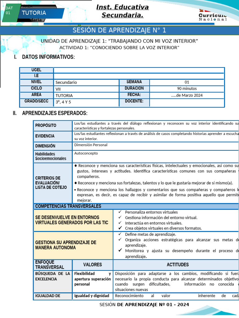 5° Tutoria Ses 1 Uni 1 Sem 01 - 2024 | PDF | Aprendizaje