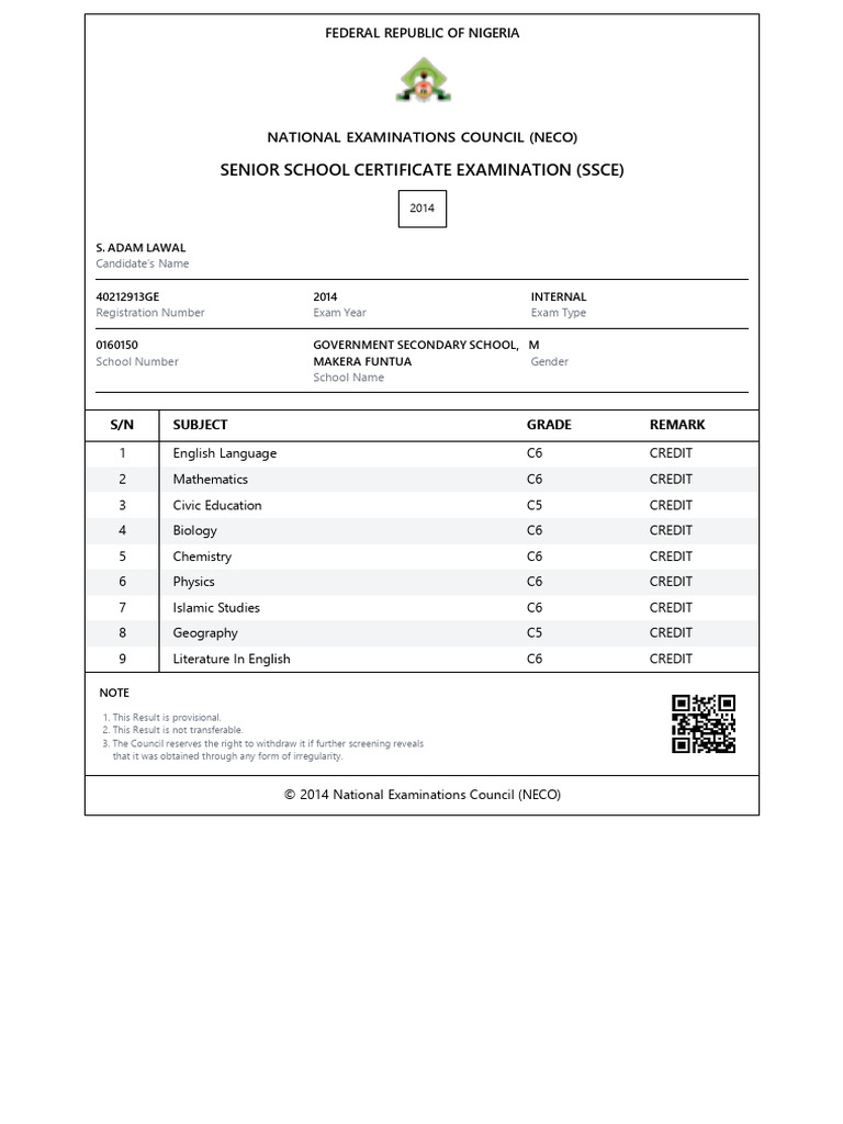 S.adam Lawal Neco Result - 115012 | PDF