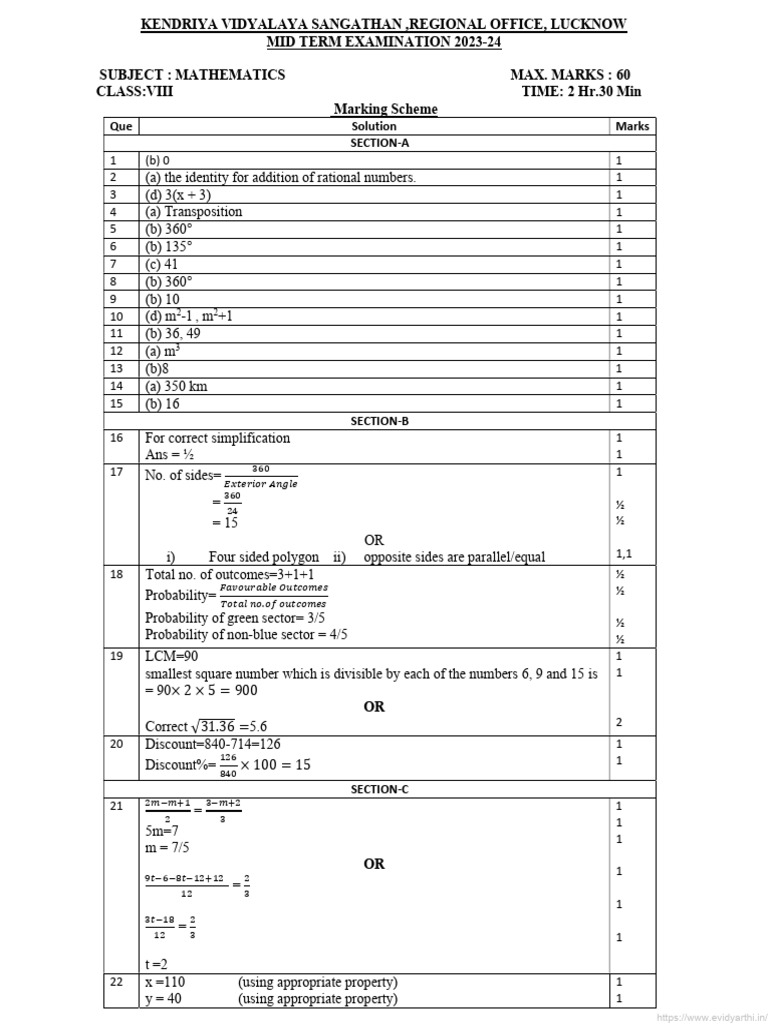 Cbse Class 8 Maths Term I Marking Scheme 2023 24 | PDF | Arithmetic | Numbers