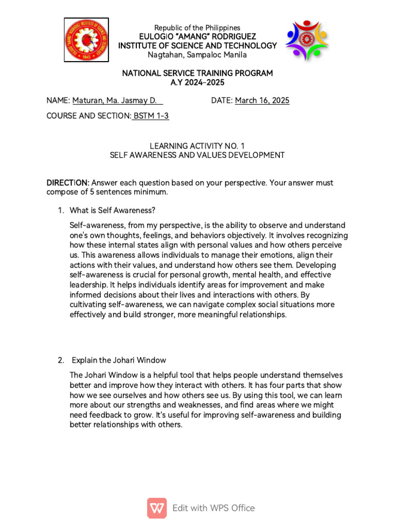 NSTP LEARING ACTIVITY 1 SELF AWARENESS-AY2024-2025 | PDF | Self ...