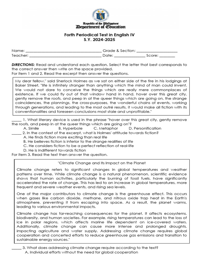 Fourth Periodical Test in English 4 Sy 24 25 | PDF | Greenhouse Gas ...