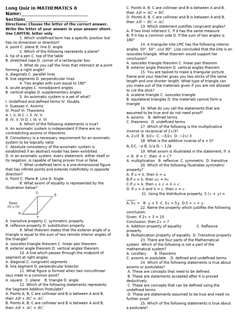 Long Quiz in MATHEMATICS 8 - W1-2 | PDF | Axiom | Triangle