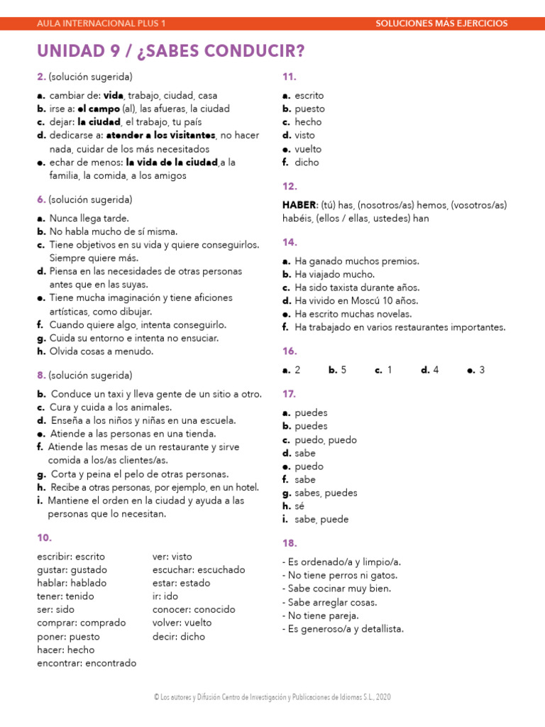 Aula Internacional Plus 1 Unit 9 Answers | PDF
