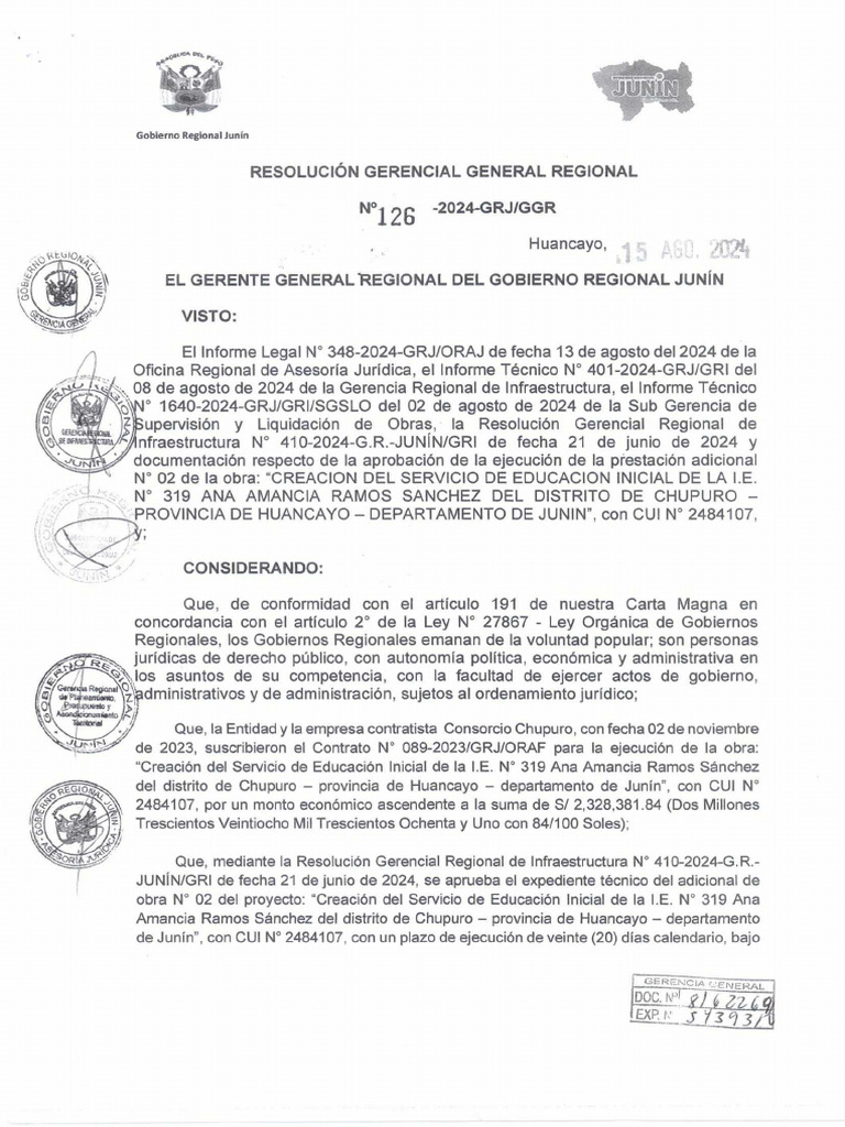 Resolucion Gerencial General Regional N126-2024-GRJ-GGR | PDF
