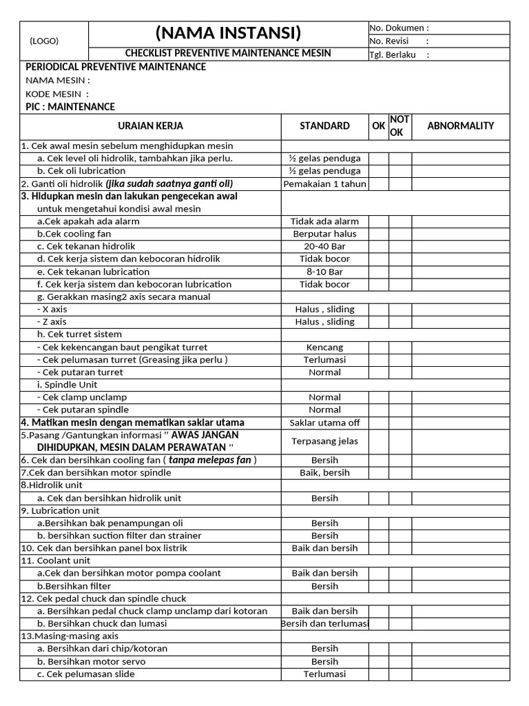 Checklist Preventive Maintenance Mesin Cnc Bubut | PDF