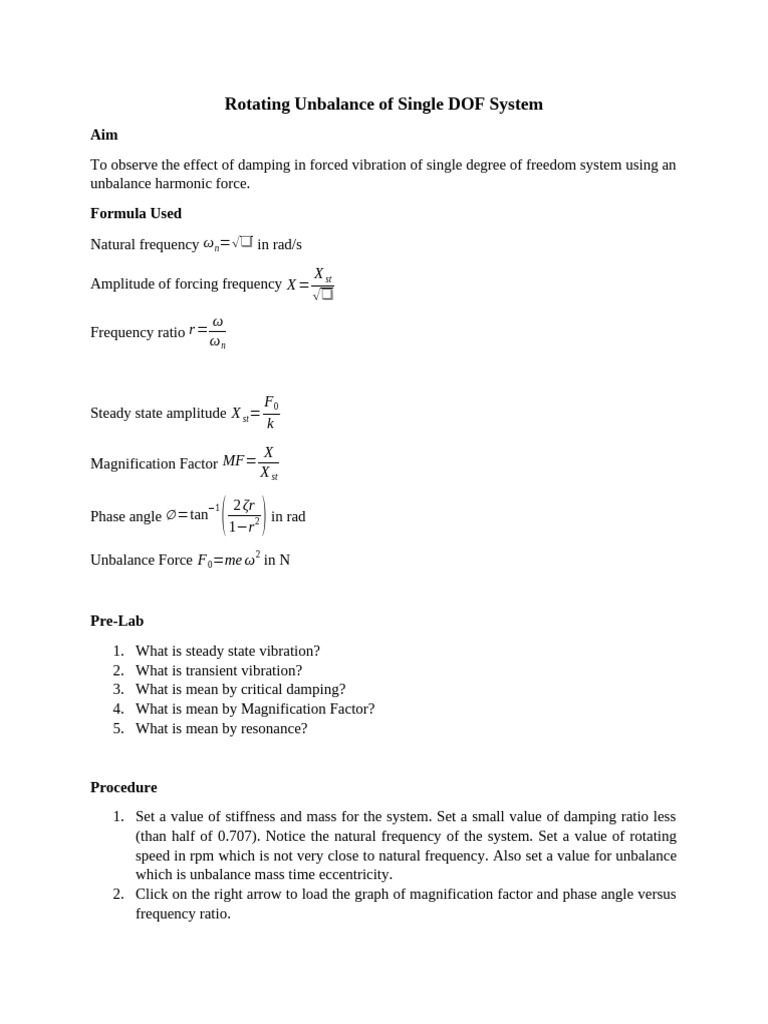 Ex 9 - Rotating Unbalance of Single DOF System | PDF | Resonance ...