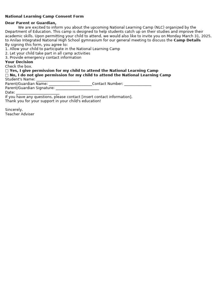 National Learning Camp Consent Form | PDF