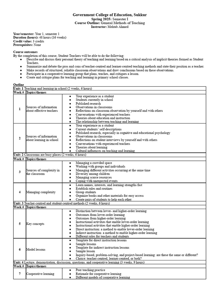 General Methods of Teaching Course Outline | PDF | Educational ...