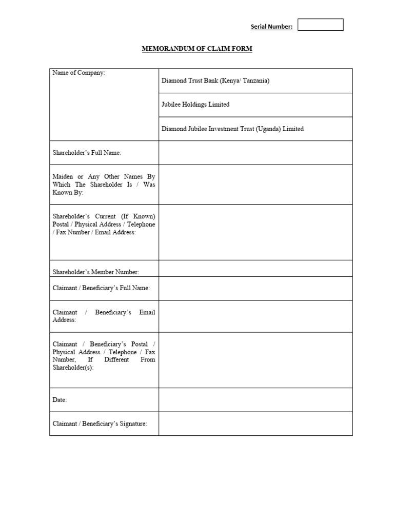 DTB Bank - Claim Form for Dormant Shares | PDF