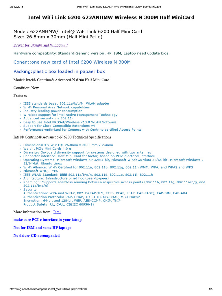 Intel WiFi Link 6200 622ANHMW Wireless N 300M Half MiniCard | PDF ...