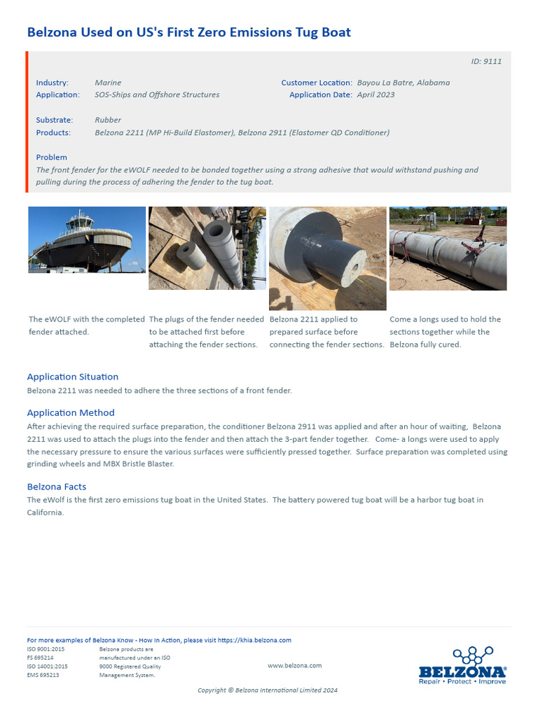 Belzona Used On US's First Zero Emissions Tug Boat - 9111 | PDF