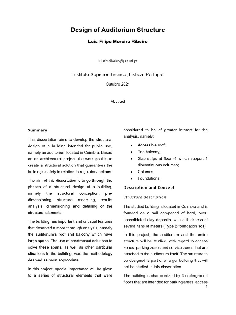 Auditorium Structural Design Analysis | PDF | Beam (Structure) | Bending