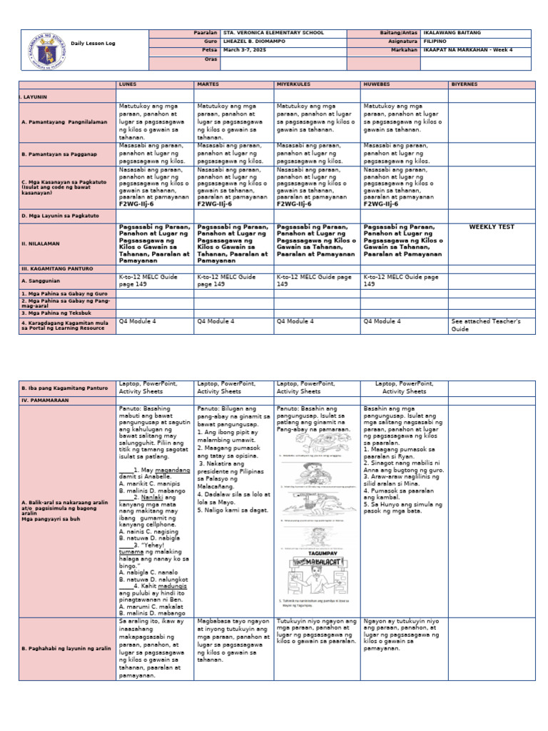 Q4-Week4-Dll-Filipino 2 | PDF