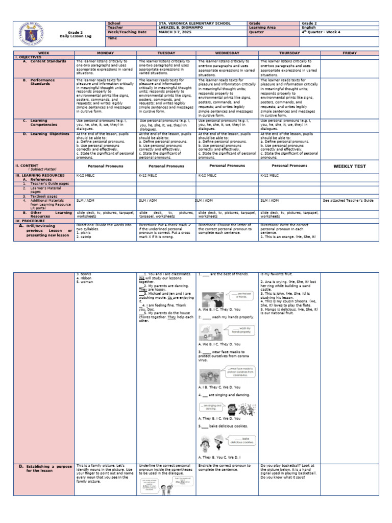 Q4-WEEK4-DLL-ENGLISH 2 | PDF | Noun | Pronoun