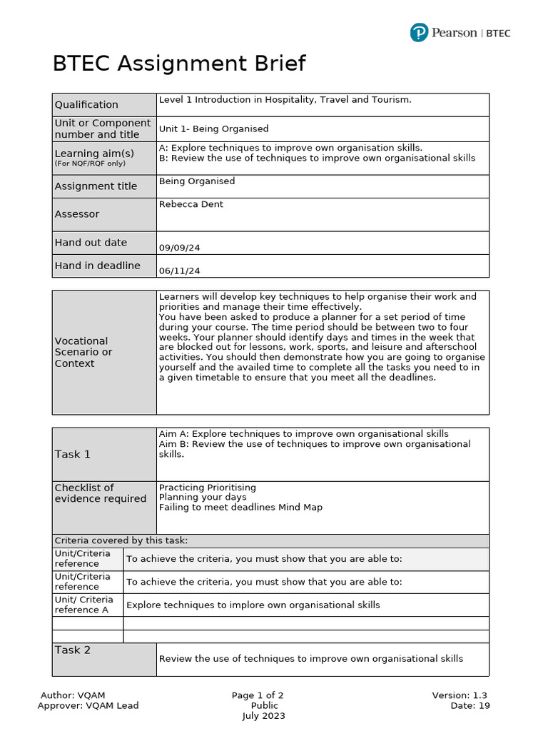 BTEC Assignment Brief - Unit 1 Being Organised 2025 | PDF | Behavior ...
