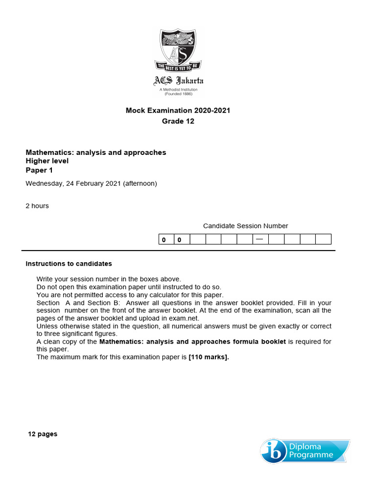 Mathematics AA HL - Paper 1 Non Calculator Mock 2021 | PDF | Function ...
