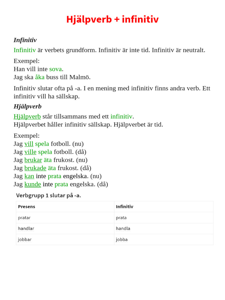 Hjälpverb + Infinitiv | PDF