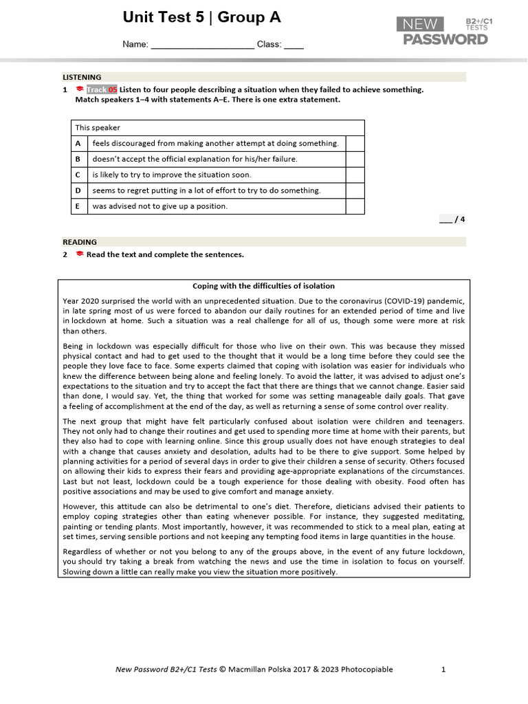 Unit 5 Test for New Password B2+/C1 | PDF | Sentence (Linguistics ...