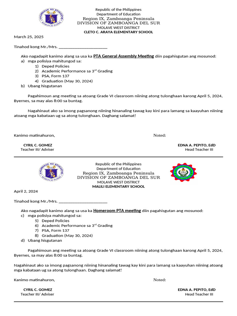 Notice Sa Homeroom PTA Meeting Notice 2023 | PDF