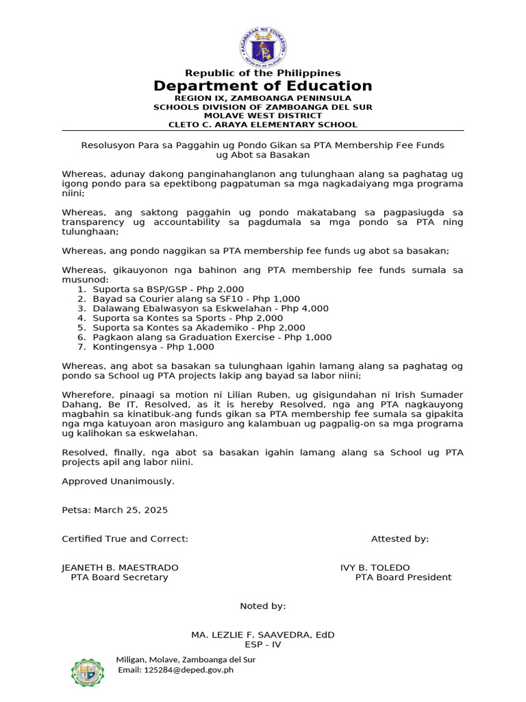 PTA Reso For Budget Proposal | PDF