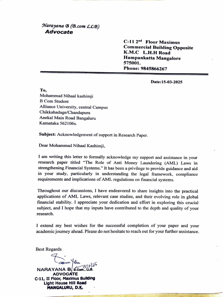 Acknowledgment of Research Support Letter | PDF