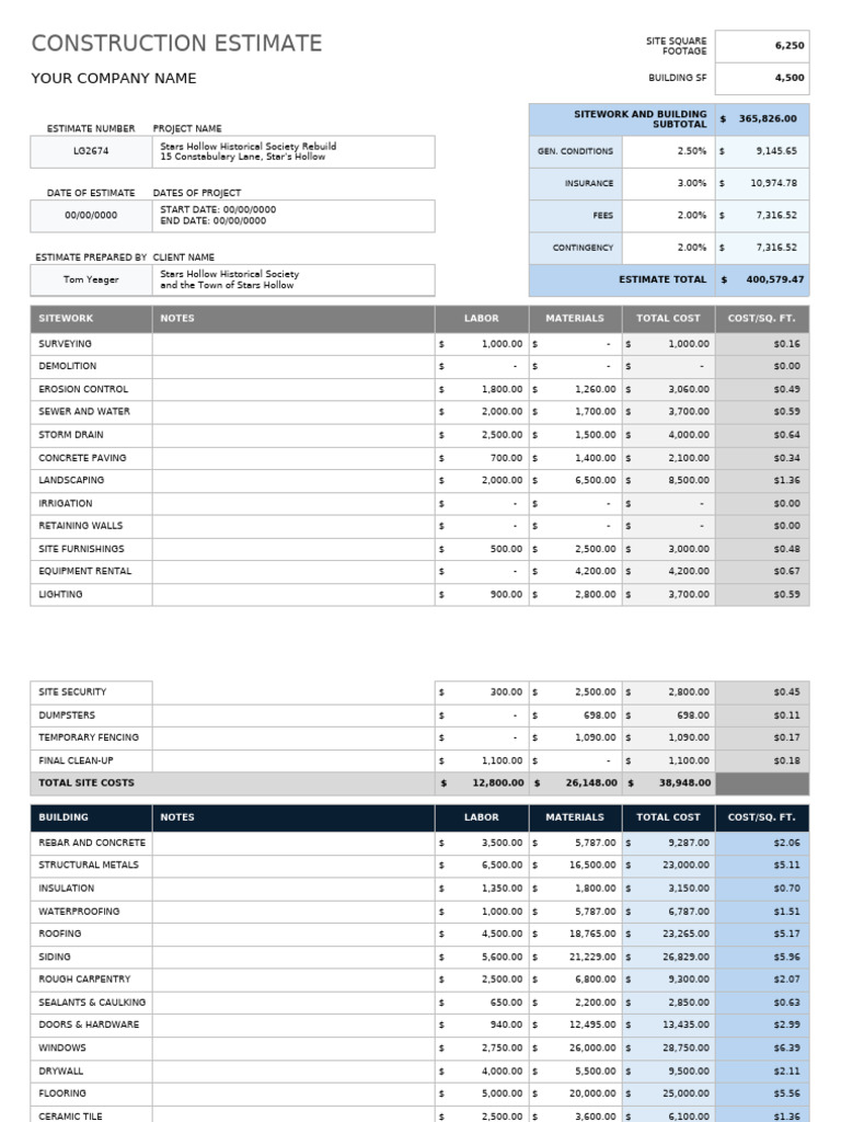 IC Commercial Construction Estimate Template 8921 | PDF | Materials | Building Engineering