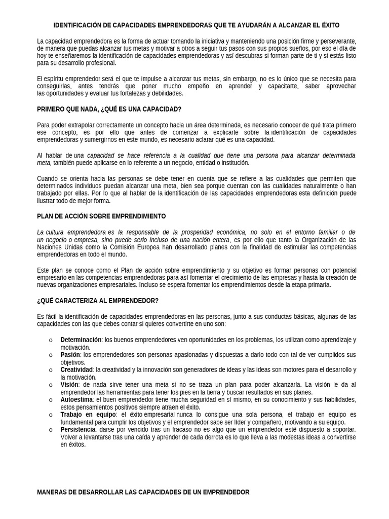 Capacidades Emprendedoras - Eprendimiento Teoria | PDF | Iniciativa empresarial | Creatividad