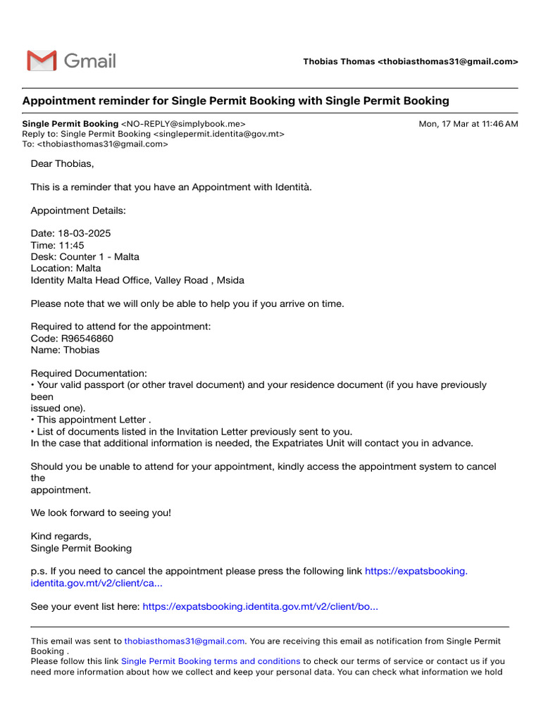 Appointment Reminder For Single Permit Booking With Single Permit ...