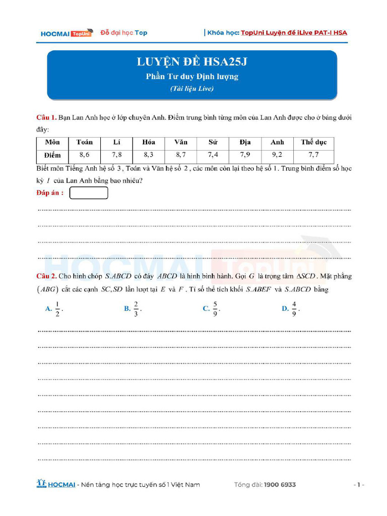 Buoi 10 Luyen de HSA25J Phan Tu Duy Dinh Luong de Thi | PDF